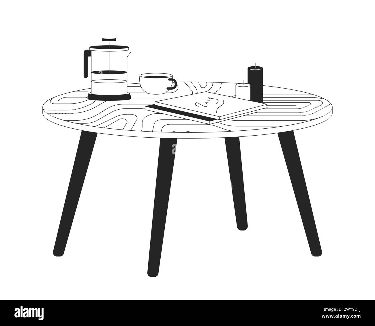 Low table with tea, magazines and candles 2D linear cartoon object ...