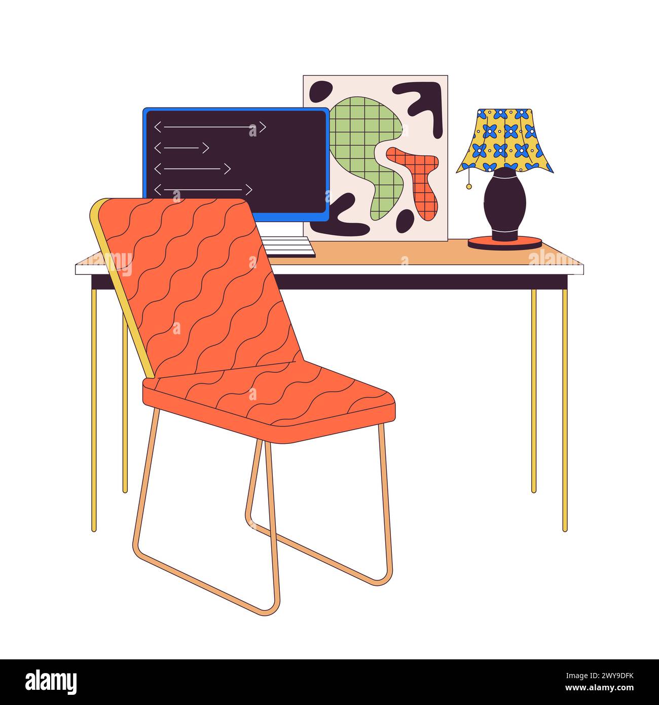 Minimalist home office with pc 2D linear cartoon objects Stock Vector ...