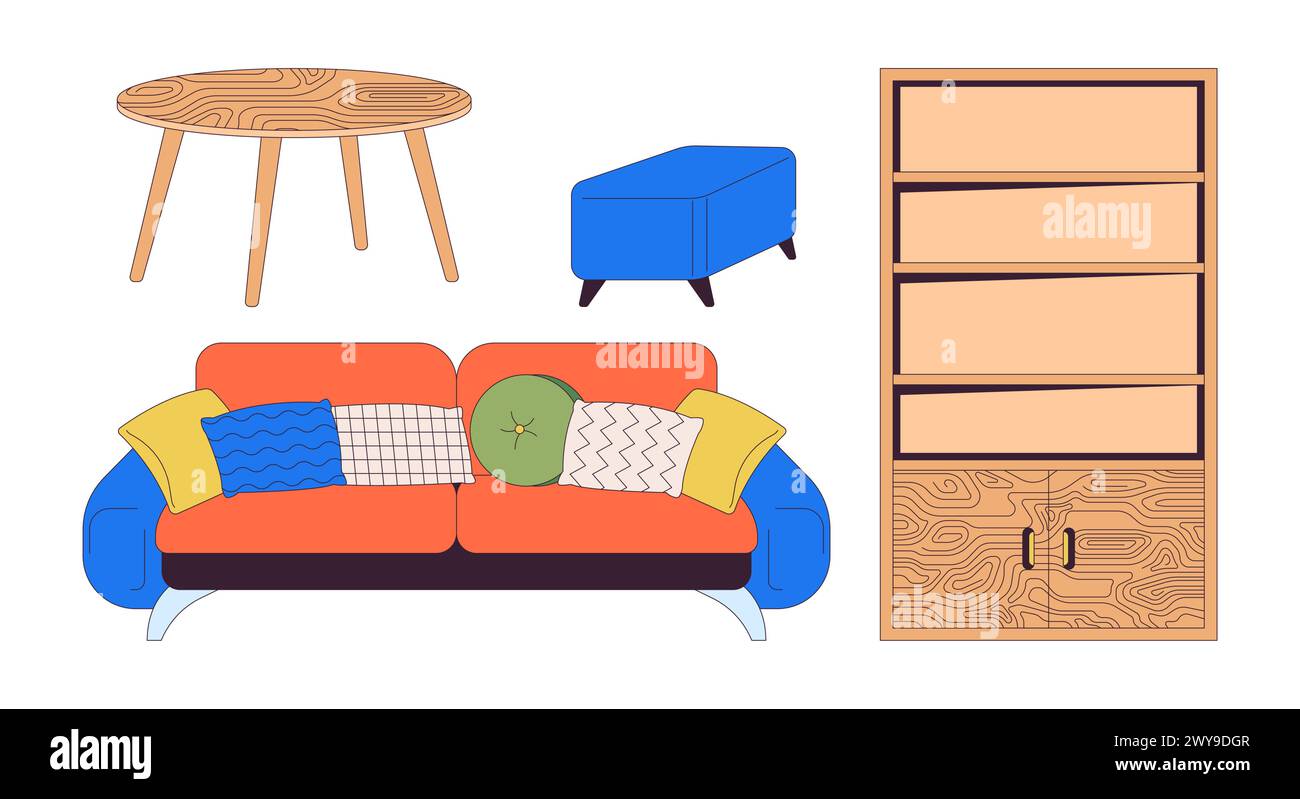 Living room furniture 2D linear cartoon objects set Stock Vector Image ...