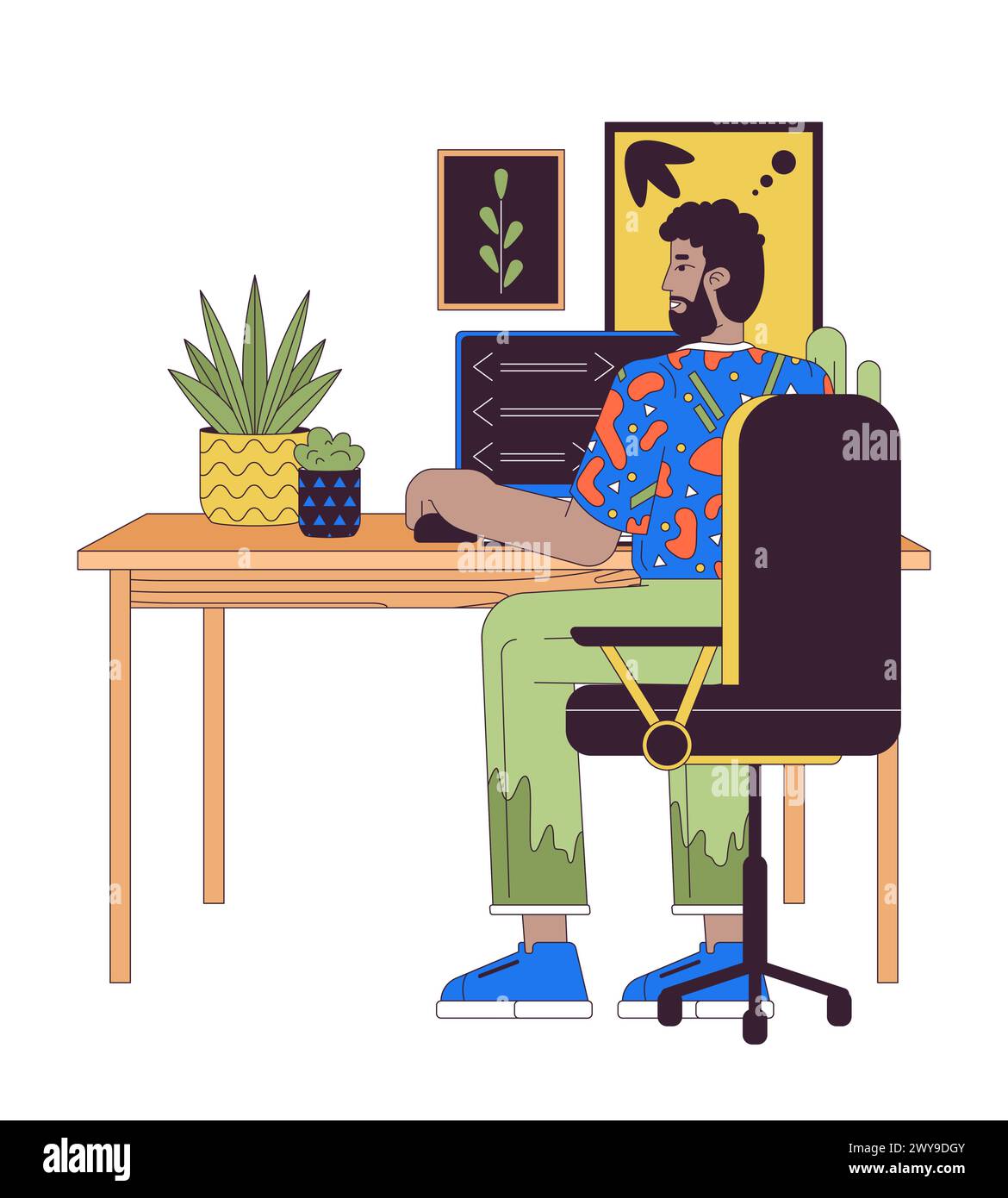 African american man at computer 2D linear cartoon character. Web ...