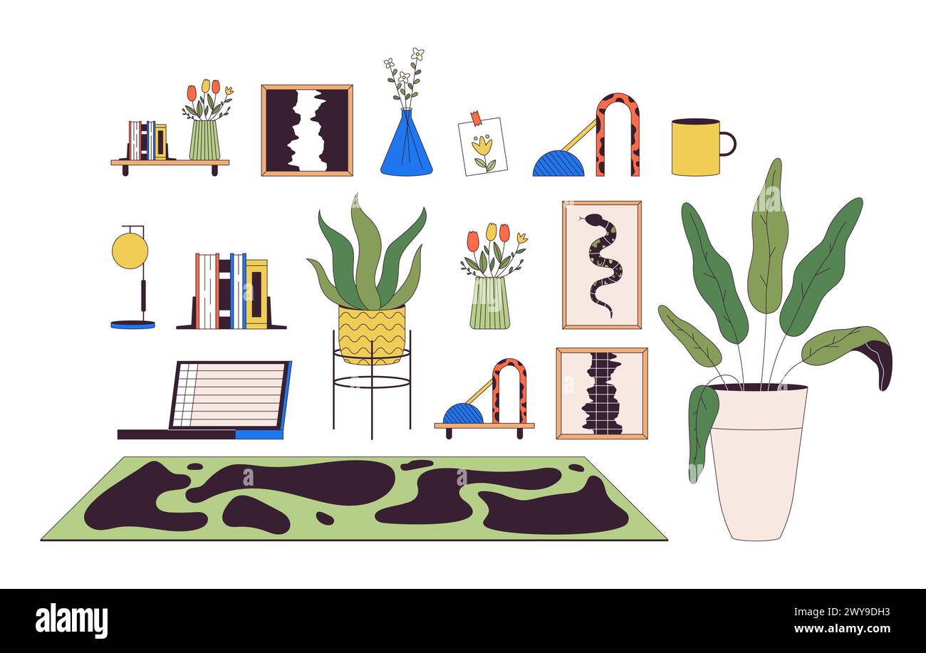 House interior design details 2D linear cartoon objects set Stock ...