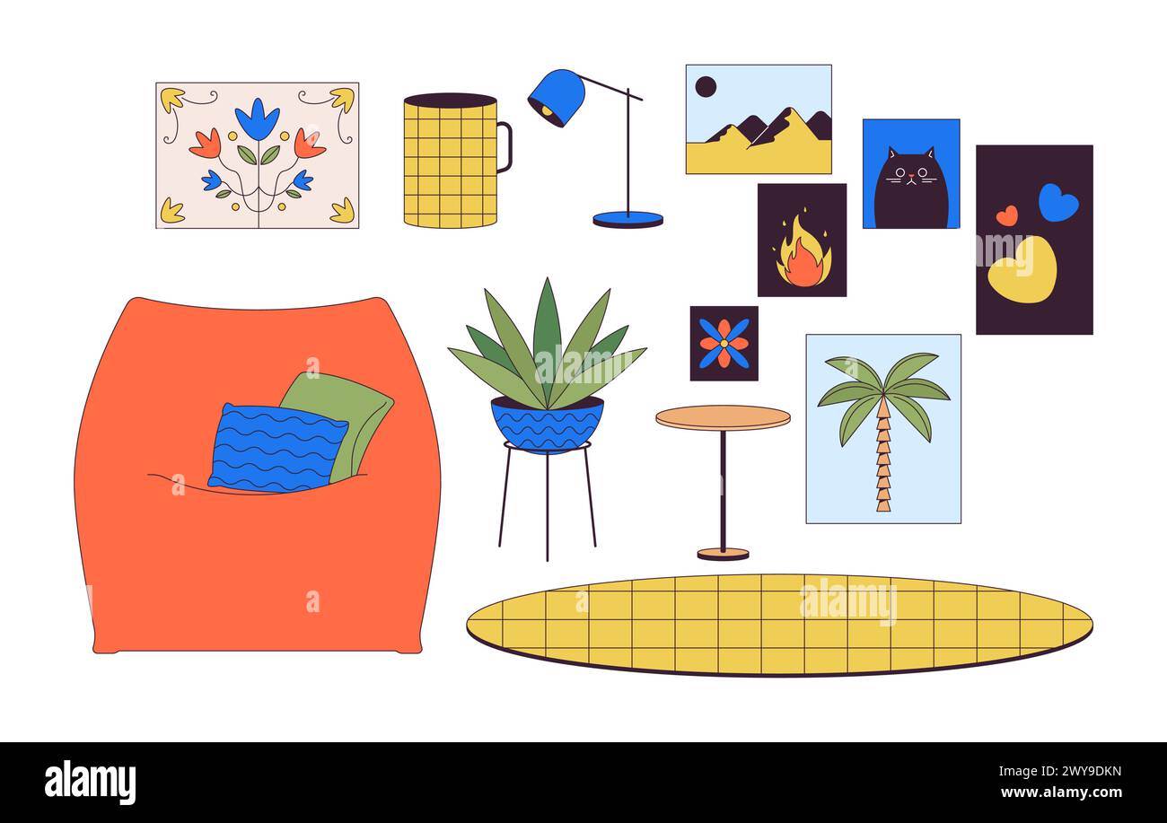 Domestic comfort improvement 2D linear cartoon objects set Stock Vector ...