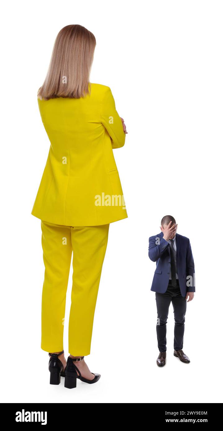 Giant woman and small man on white background Stock Photo - Alamy