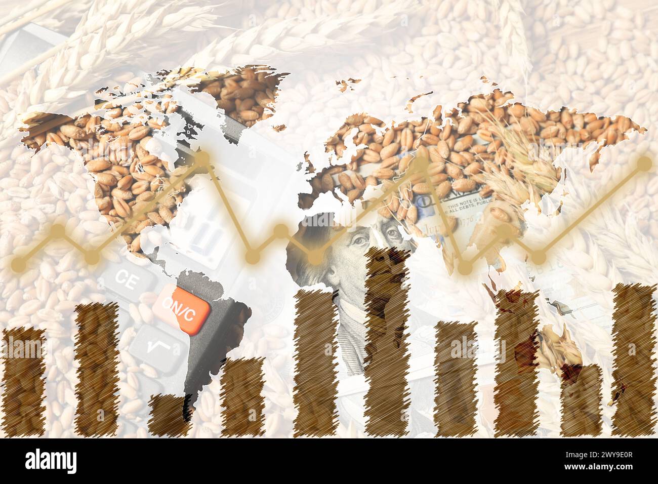 Grain prices. Ears of wheat, seeds, money, world map and graph ...