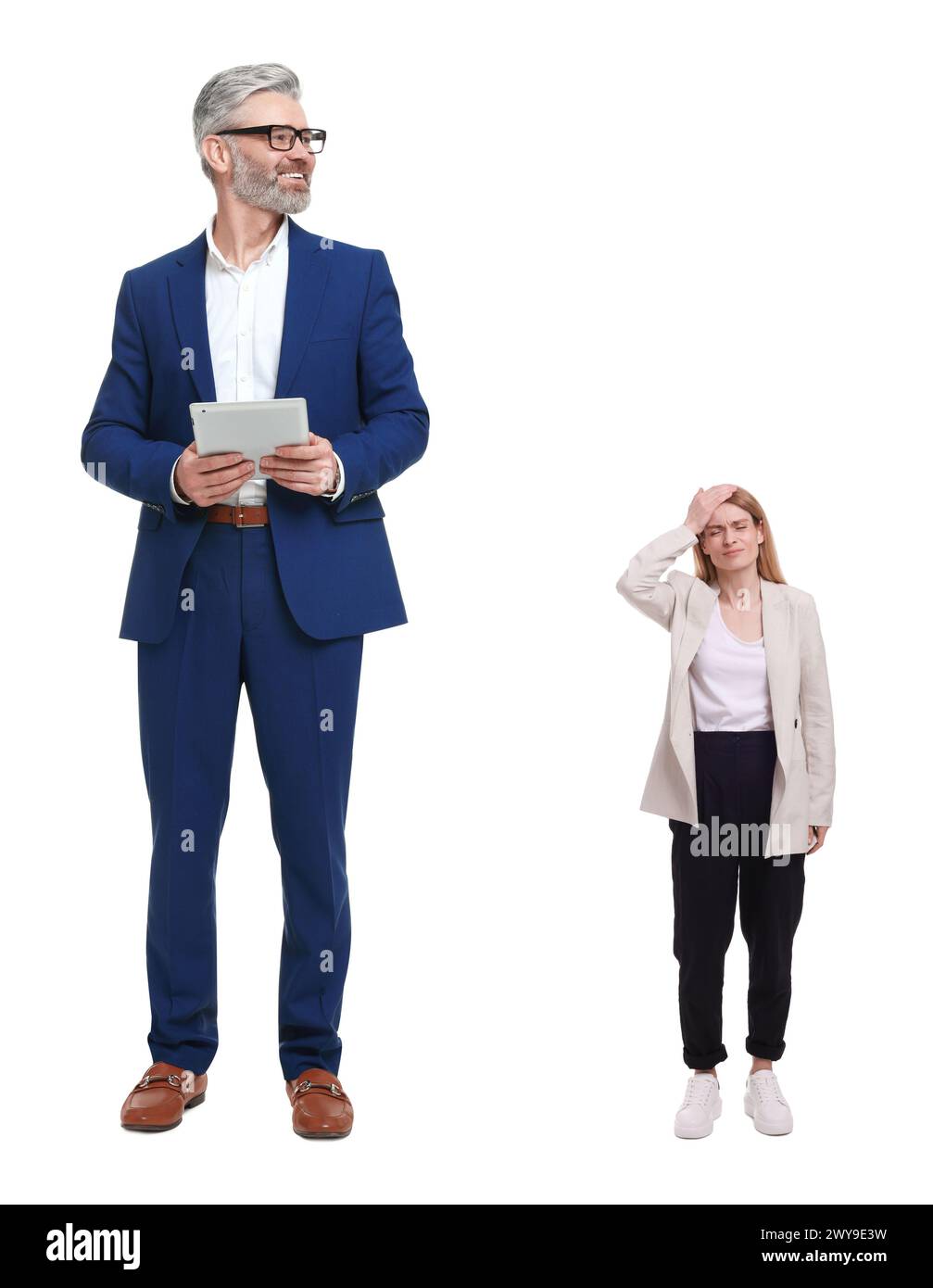 Happy big man and emotional small woman on white background Stock Photo ...