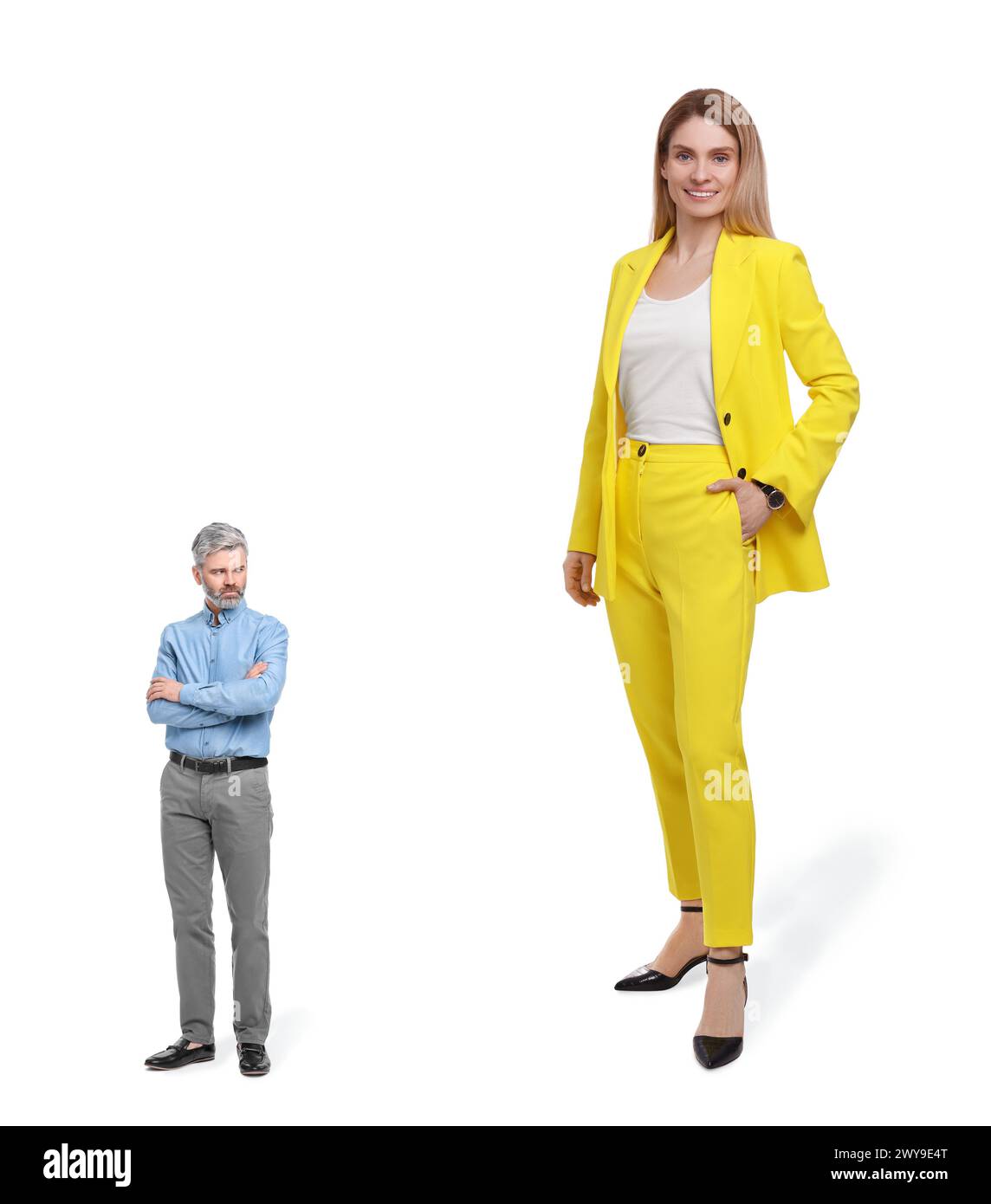 Giant woman and small man on white background Stock Photo - Alamy