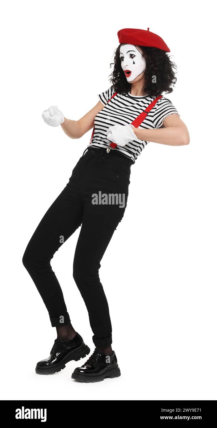 Funny mime with beret posing on white background Stock Photo - Alamy