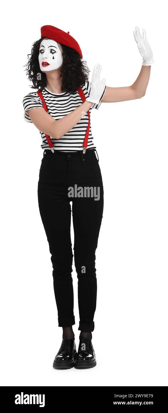 Funny mime with beret posing on white background Stock Photo - Alamy