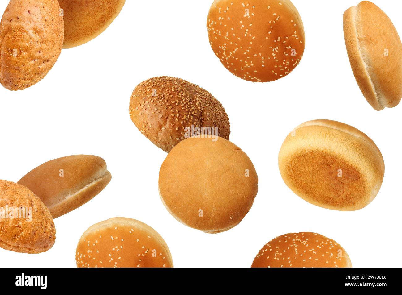Fresh burger buns falling on white background Stock Photo - Alamy