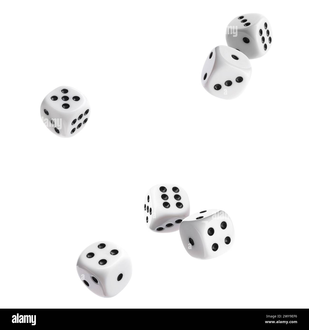 Six dice in air on white background Stock Photo - Alamy