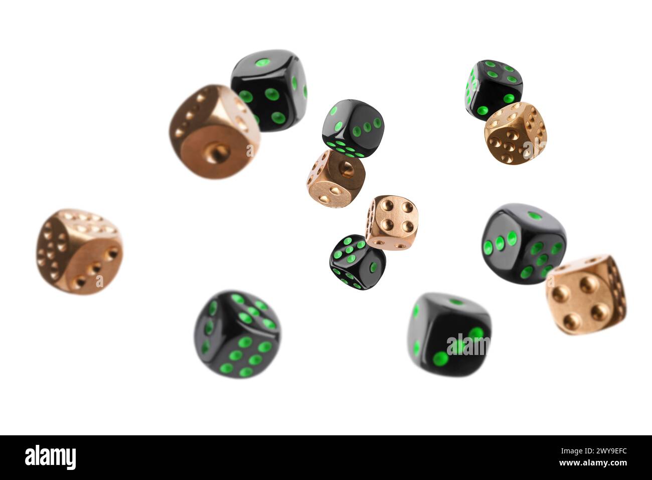 Many different dice in air on white background Stock Photo - Alamy