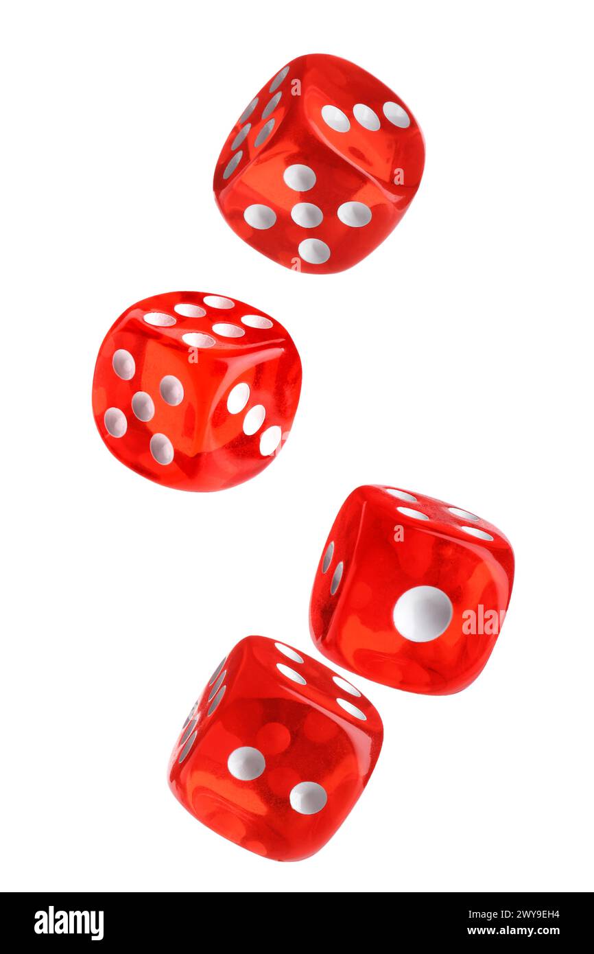 Four red dice in air on white background Stock Photo - Alamy