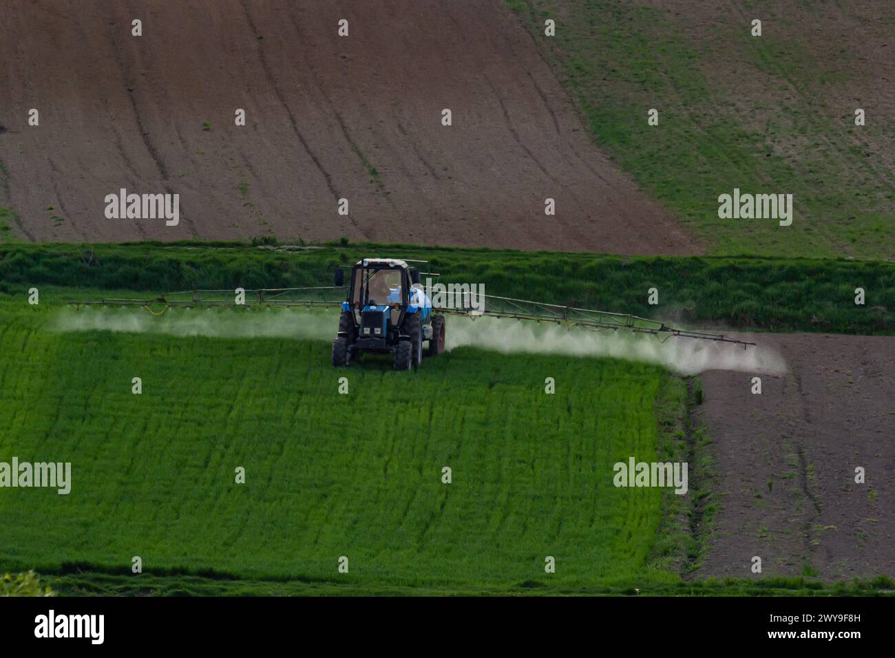 Aerial view of tractor spraying crop in green farm fields with ...