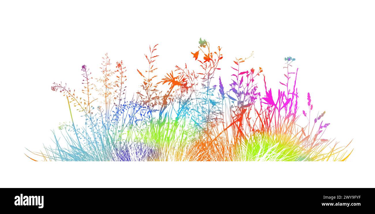 colored grass. Silhouette of meadow rainbow grass. hand drawing. Not AI ...