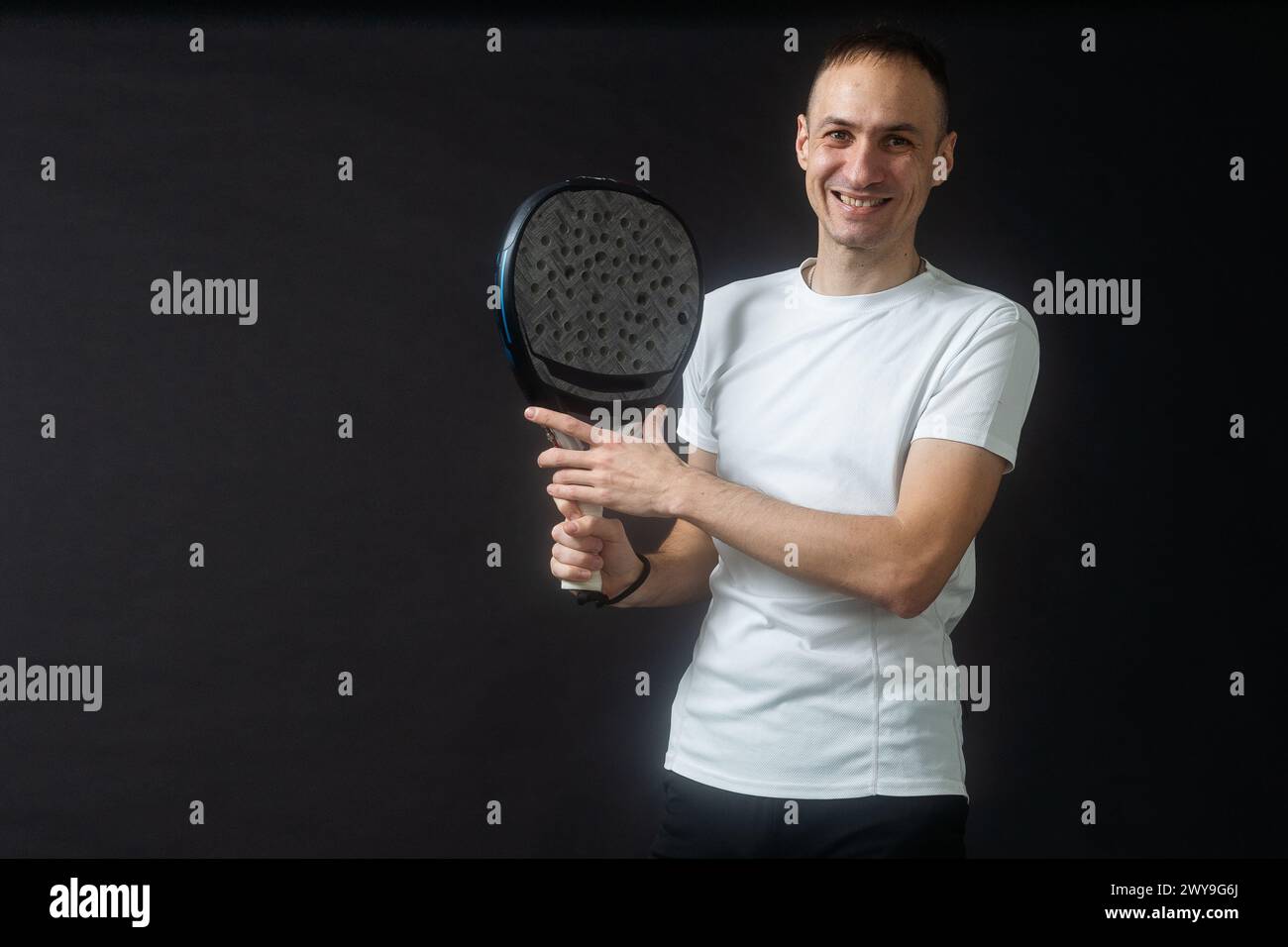 one caucasian mature man Paddle Padel tennis player shadow silhouette ...