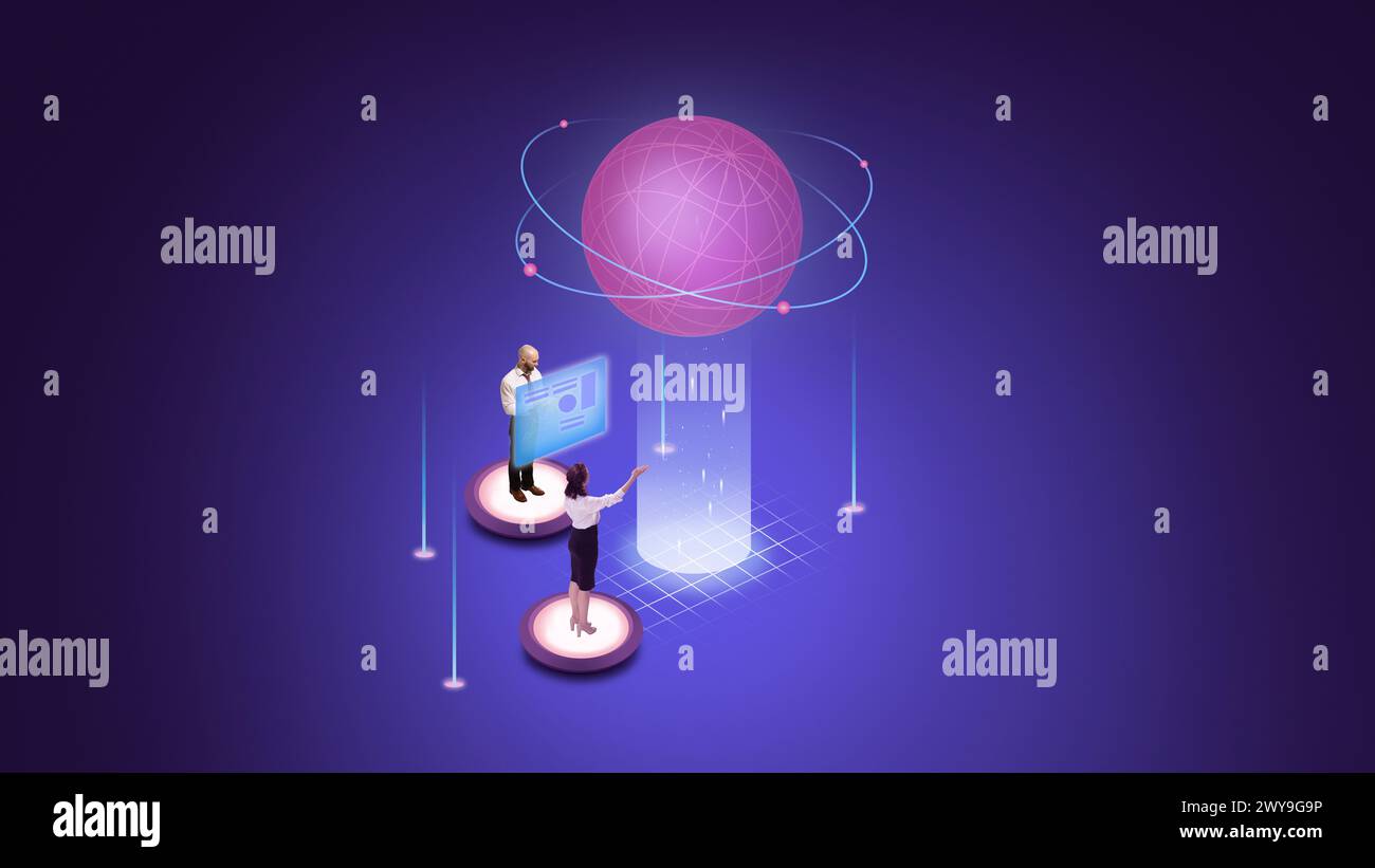 Contemporary art collage. Two professionals analyze data on floating ...