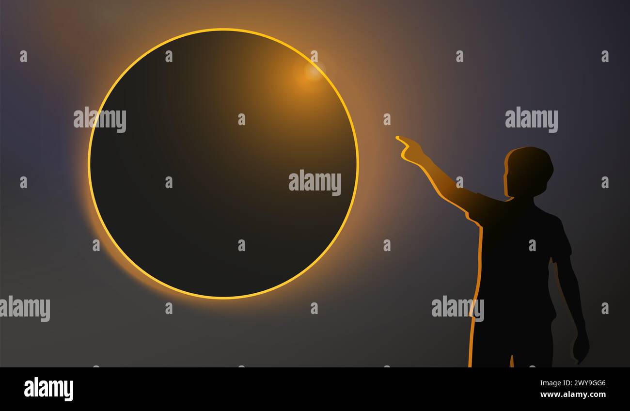 A man points his index finger at a solar eclipse. Rear view of a person ...
