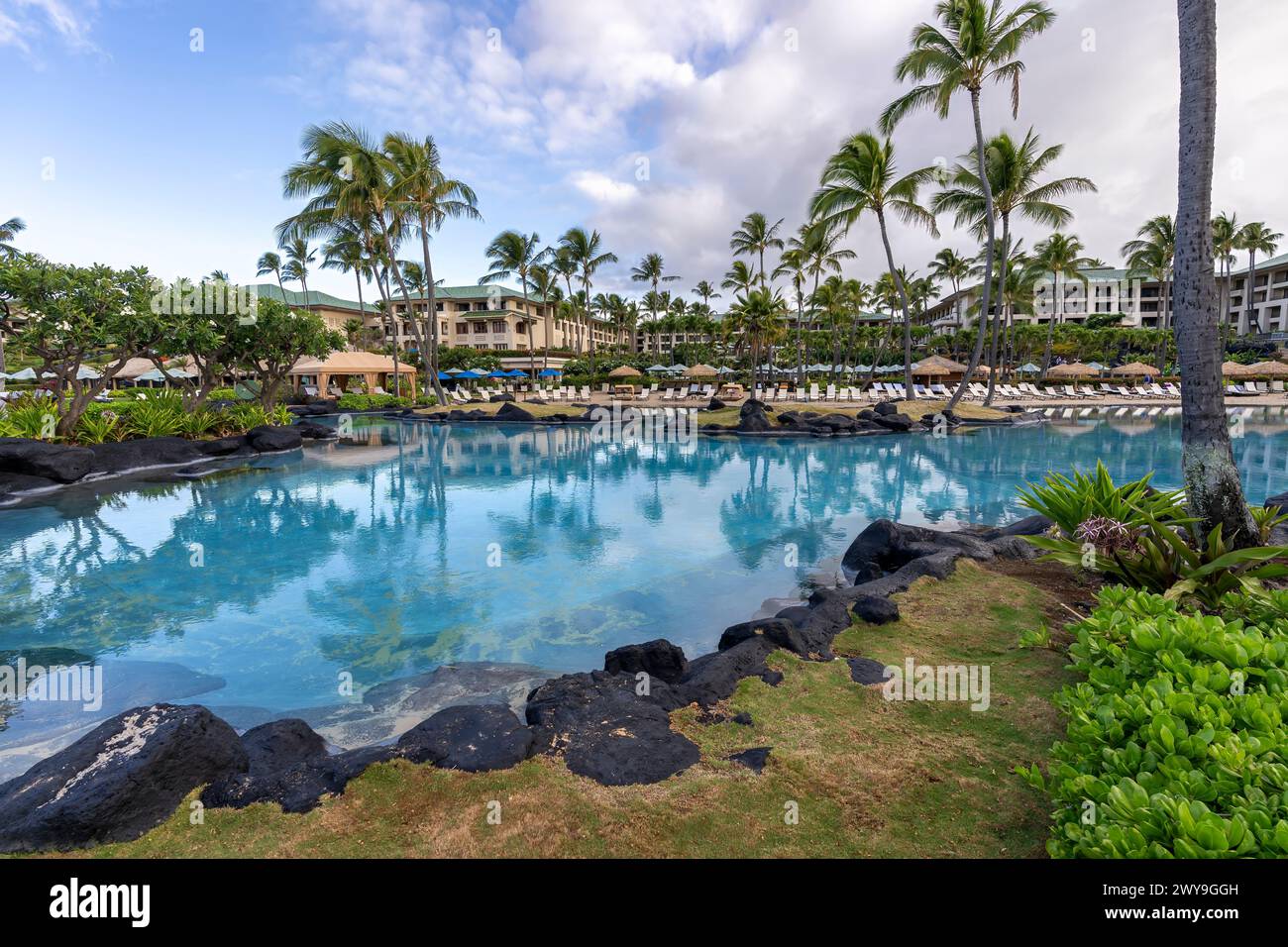 Palm trees reflect in the beautiful turquoise water of one of the ...