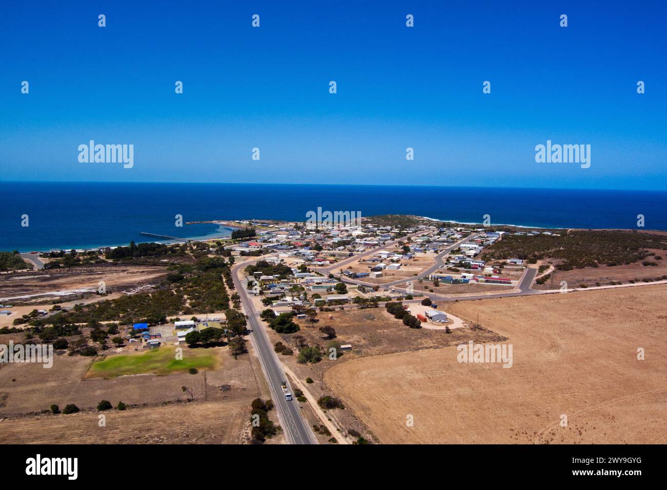 Aerial of the small coastal community of Port Neill on the east coast ...