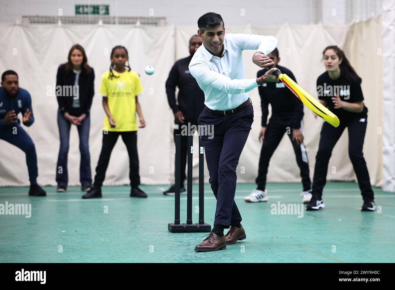 Prime Minister Rishi Sunak takes part in a cricket practice session ...