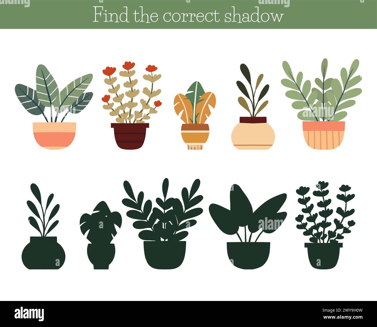 Vector worksheet find the right shade for plants in pots. Educational ...