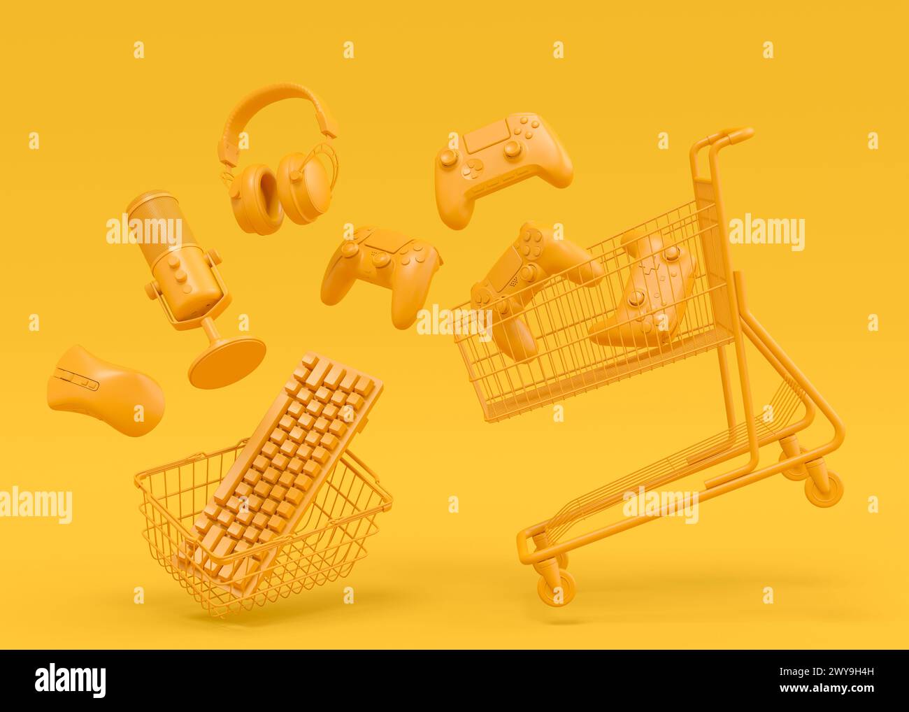 Flying gamer gears like mouse, keyboard, joystick, headset, VR Headset ...