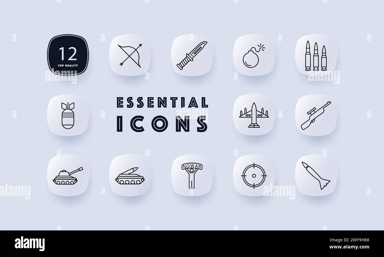 Weapon set icon. Tank, man, banner, no war, artillery, plane, bomber ...