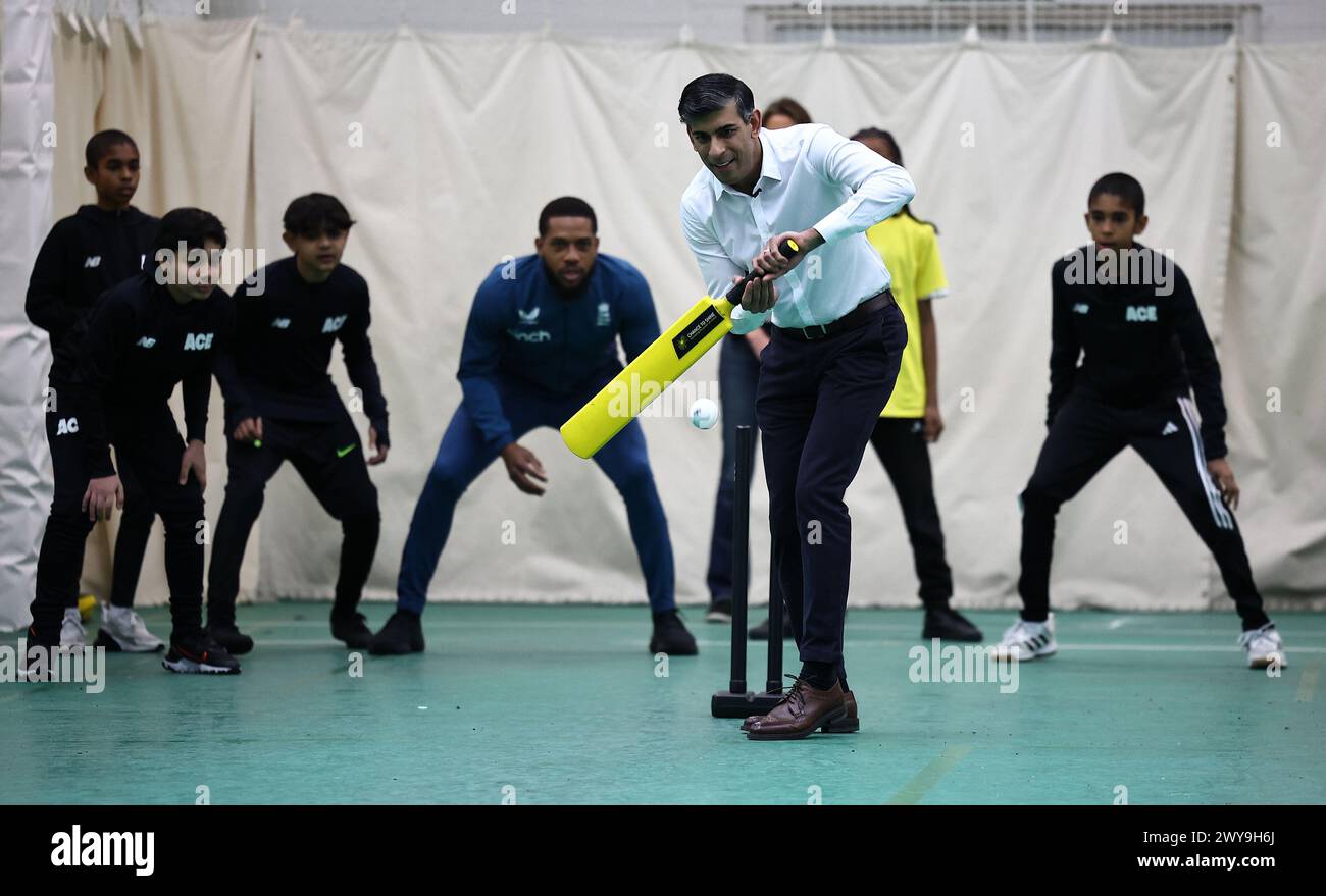 Prime Minister Rishi Sunak takes part in a cricket practice session ...