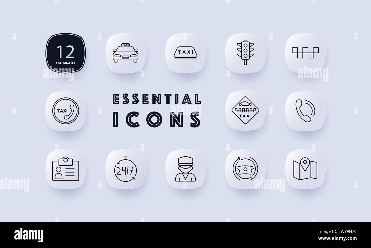 Taxi icon set. ID card, passport, data, phone, call, silhouette, driver ...