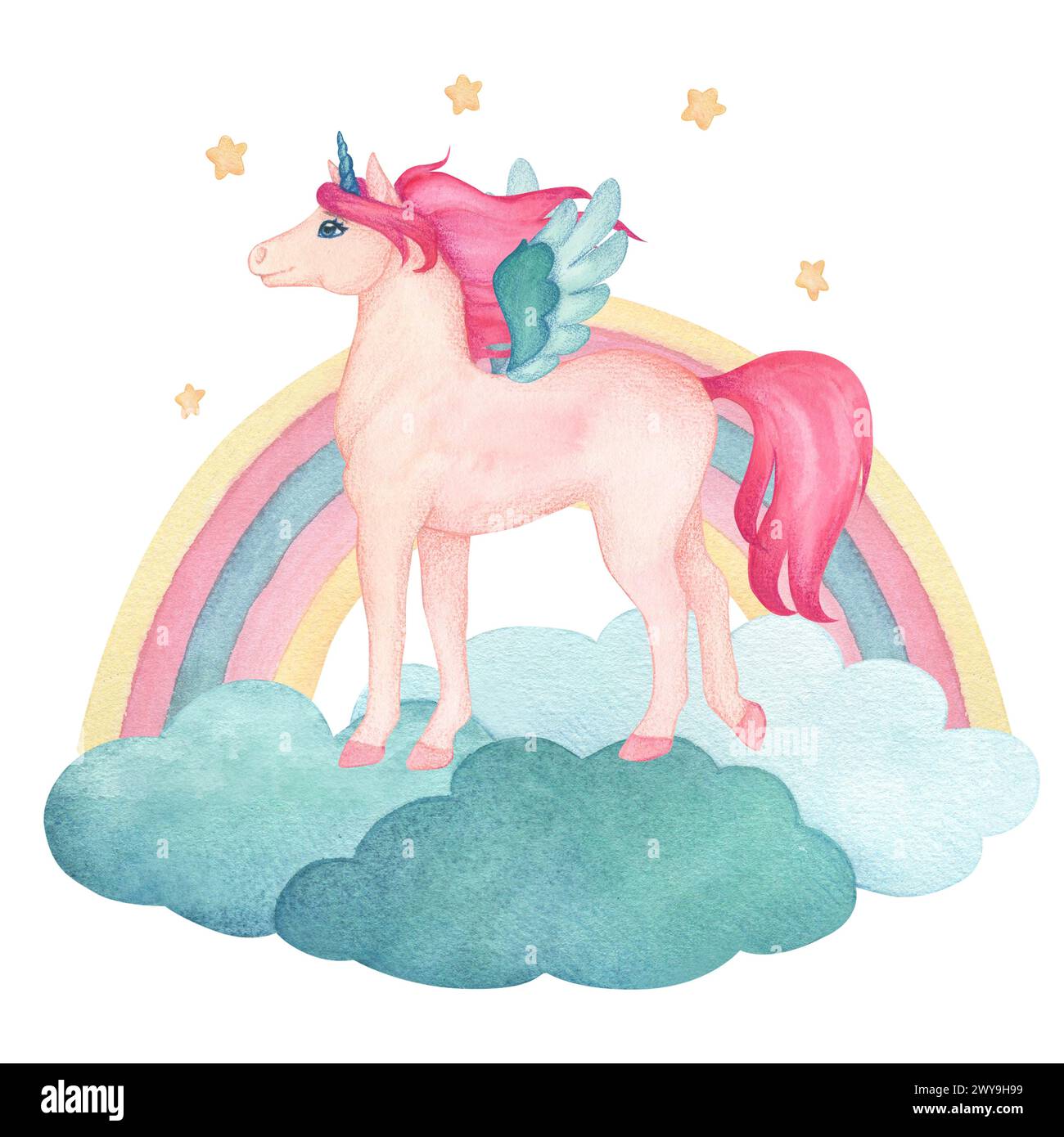 Watercolor illustration of a cute standing unicorn on clouds with ...