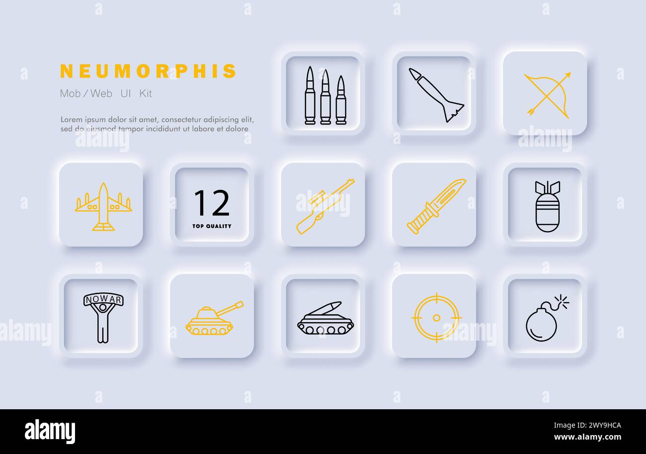 Weapon set icon. Tank, man, banner, no war, artillery, plane, bomber ...