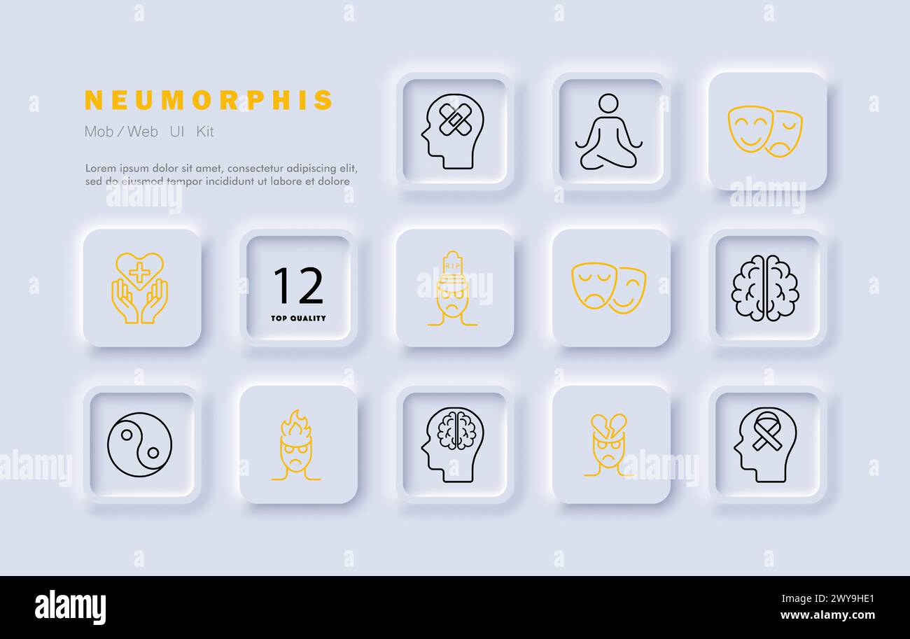 Mood icon set. Theater masks, smile, anger, yin yang, man, brain, fire ...