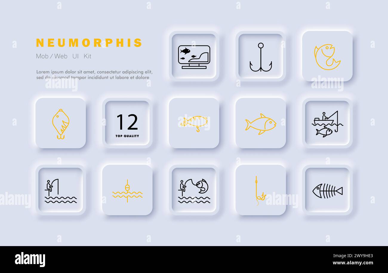 Fishing icon set. Camping, skeleton, fishing line, fisherman, sea, pond ...