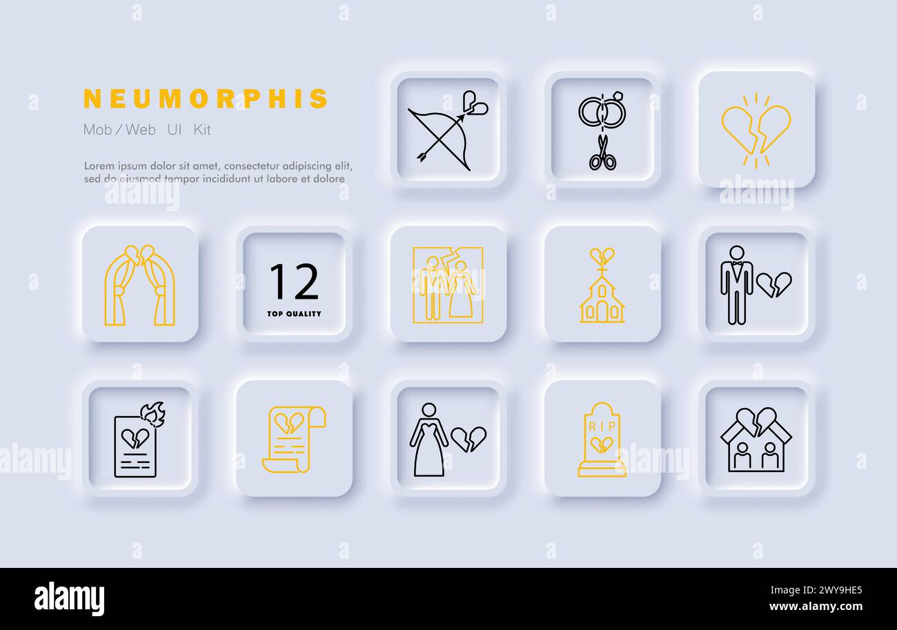 Divorce set icon. Document, broken heart, burning paper, breakup ...