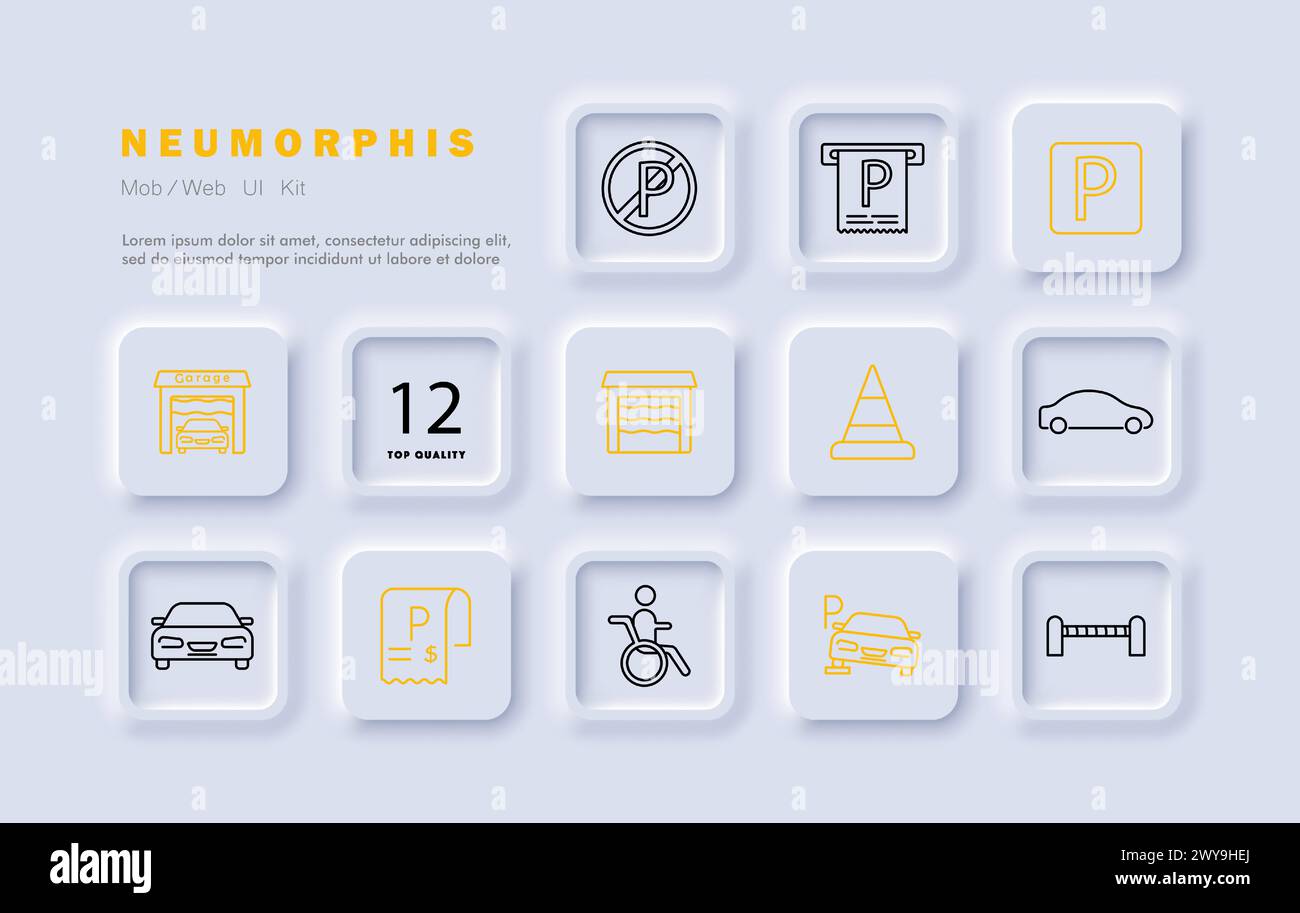 Tax, parking set icon. Garage, check, invoice, machine, car, ban, fence ...