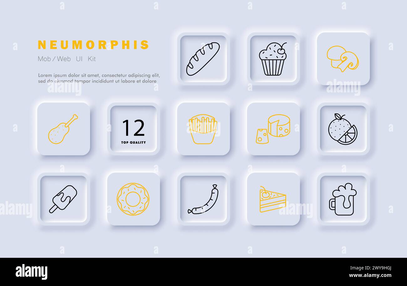 Delicacy set icon. Mushrooms, cheese with holes, cupcake, baguette, ice ...