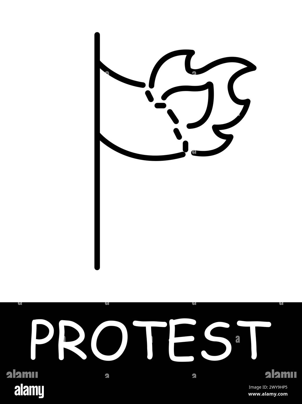 Burning flag icon. War against power, manacle, oppression, captivity ...