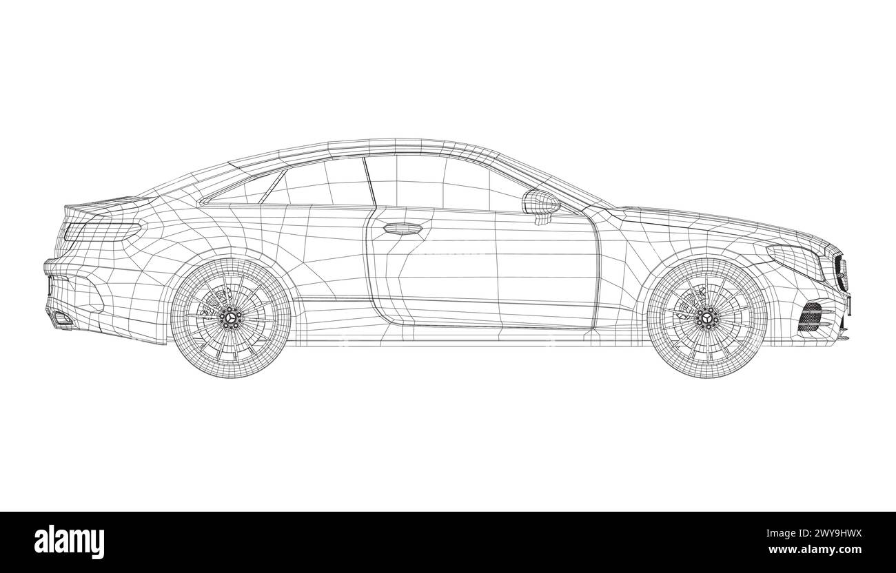 Wireframe of a two door modern car made of black lines isolated on a ...