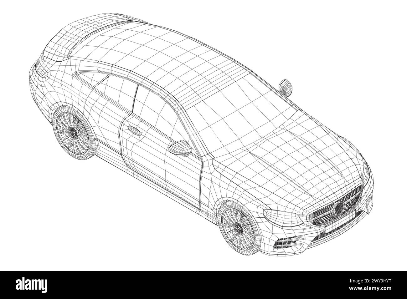 Wireframe of a two door modern car made of black lines isolated on a white background. Isometric ...
