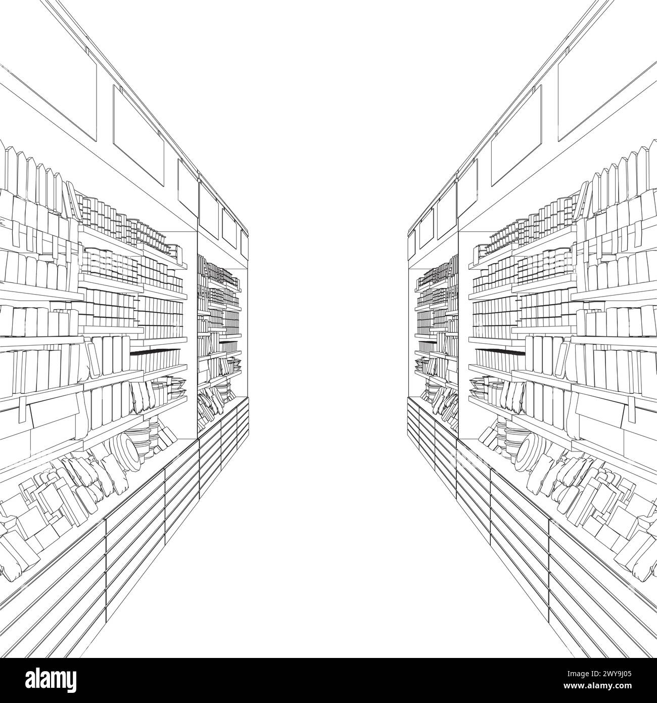 Outline Supermarket store interior with goods. Contour Grocery ...