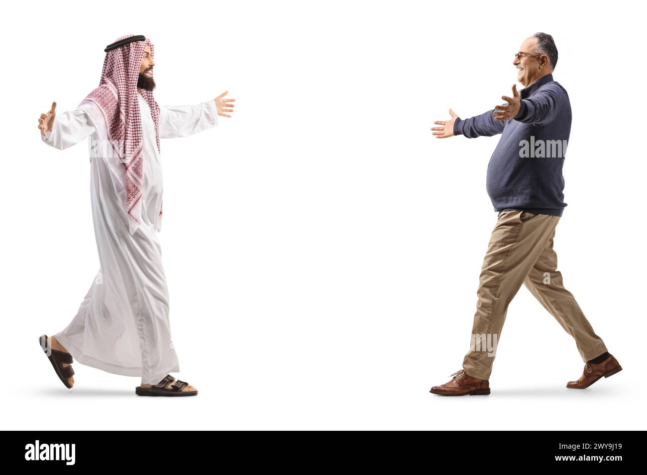 Full length profile shot of a saudi arab man meeting a friend isolated ...