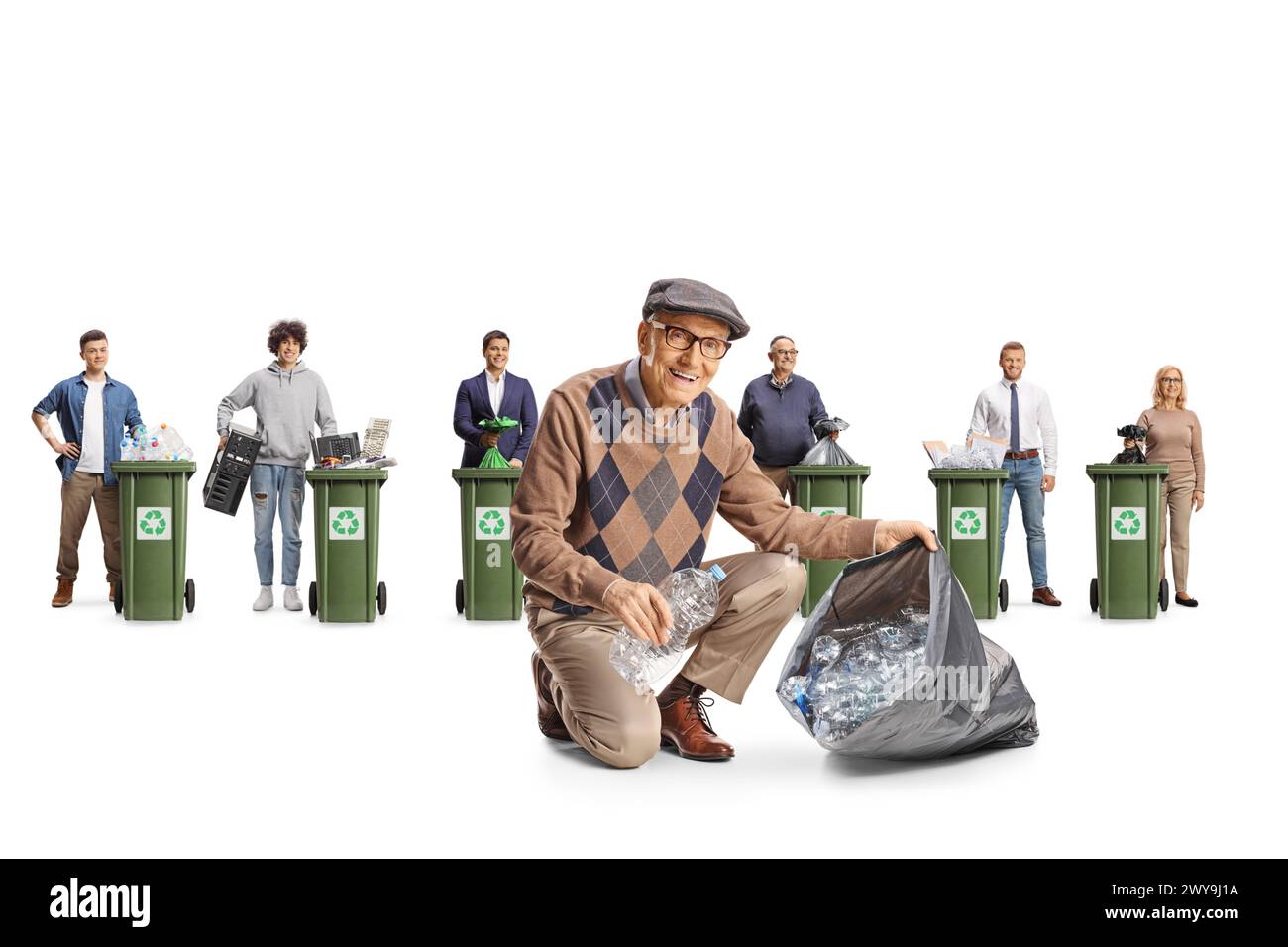 Elderly man collecting plastic bottlesand people standing with ...
