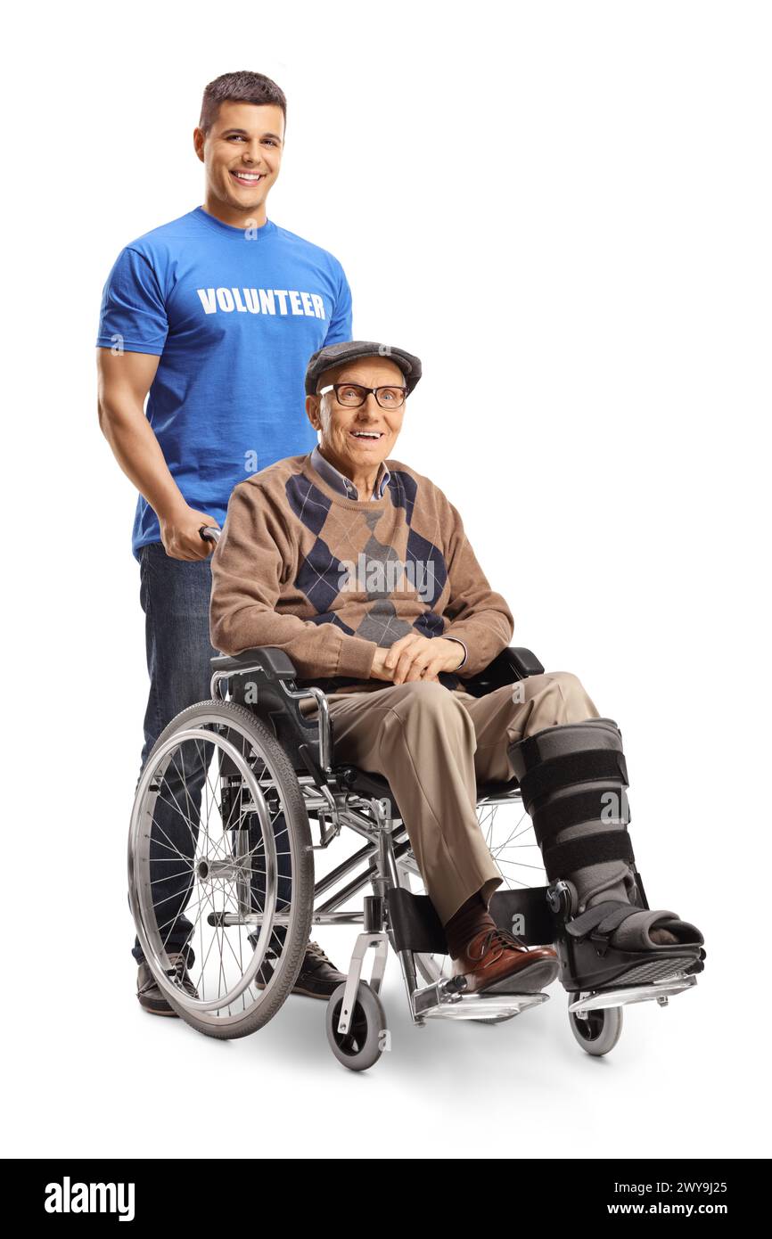 Volunteer helping a man with a leg brace in a wheelchair isolated on ...