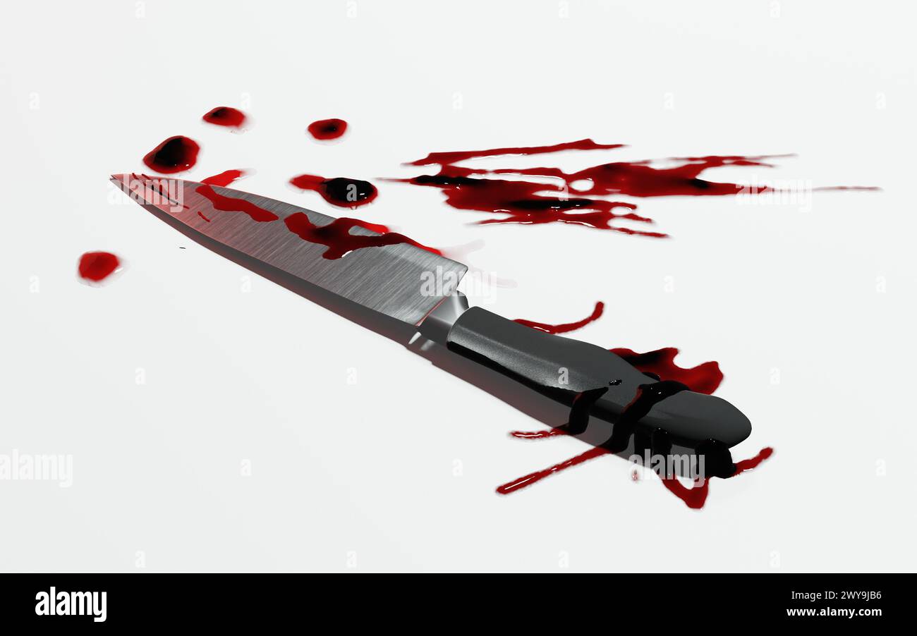 3d render of kitchen knife with blood stain for crime scene or domestic ...