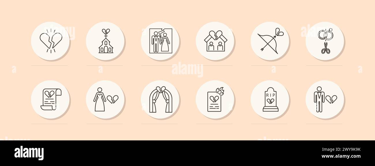 Divorce set icon. Document, broken heart, burning paper, breakup ...