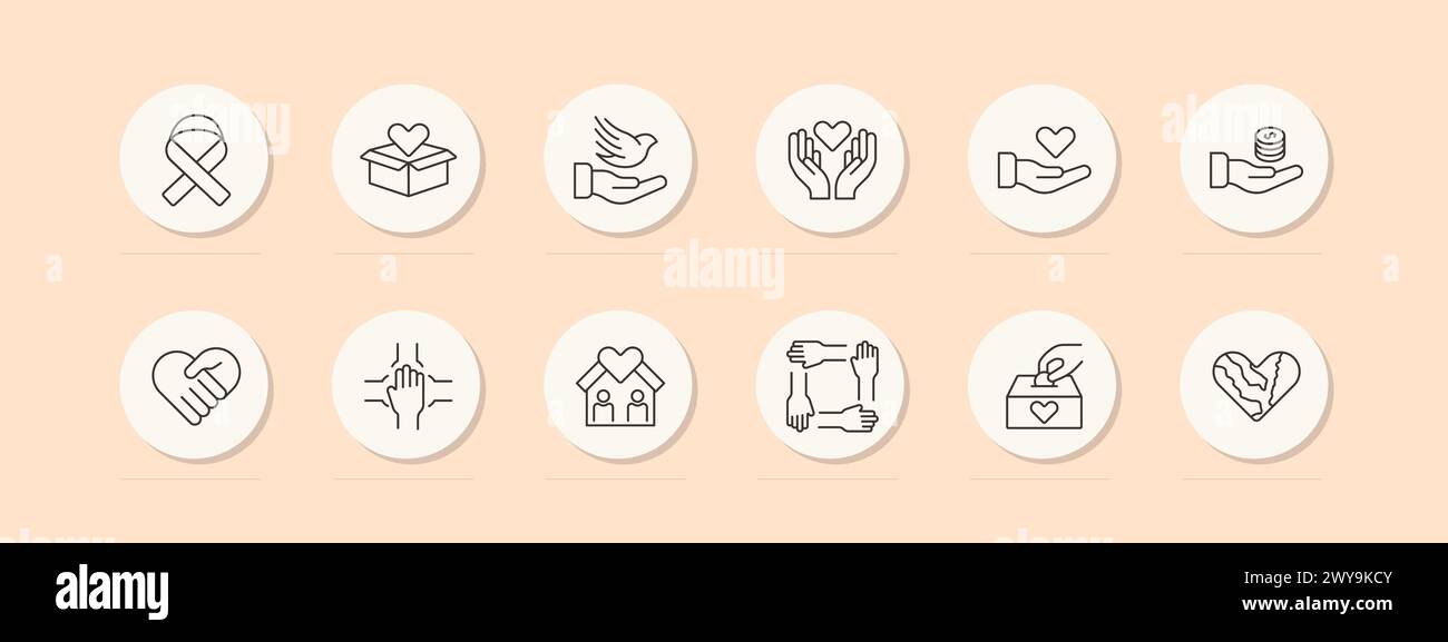 Donations icon set. Ribbon, fight cancer, hands, heart, offer, box ...