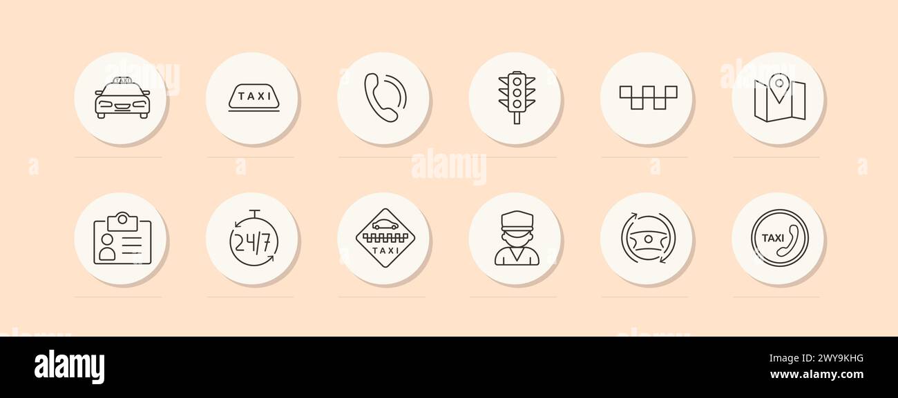 Taxi icon set. ID card, passport, data, phone, call, silhouette, driver ...