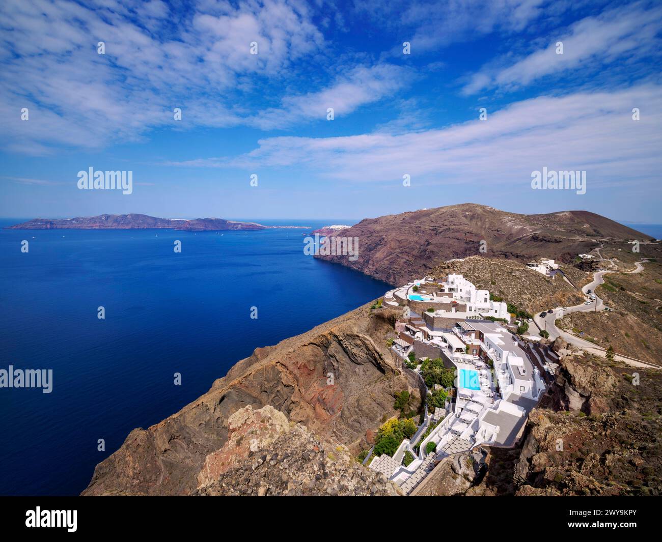 Hotels at the edge of the caldera, Santorini Thira Island, Cyclades ...
