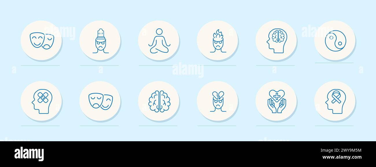 Mood icon set. Theater masks, smile, anger, yin yang, man, brain, fire ...