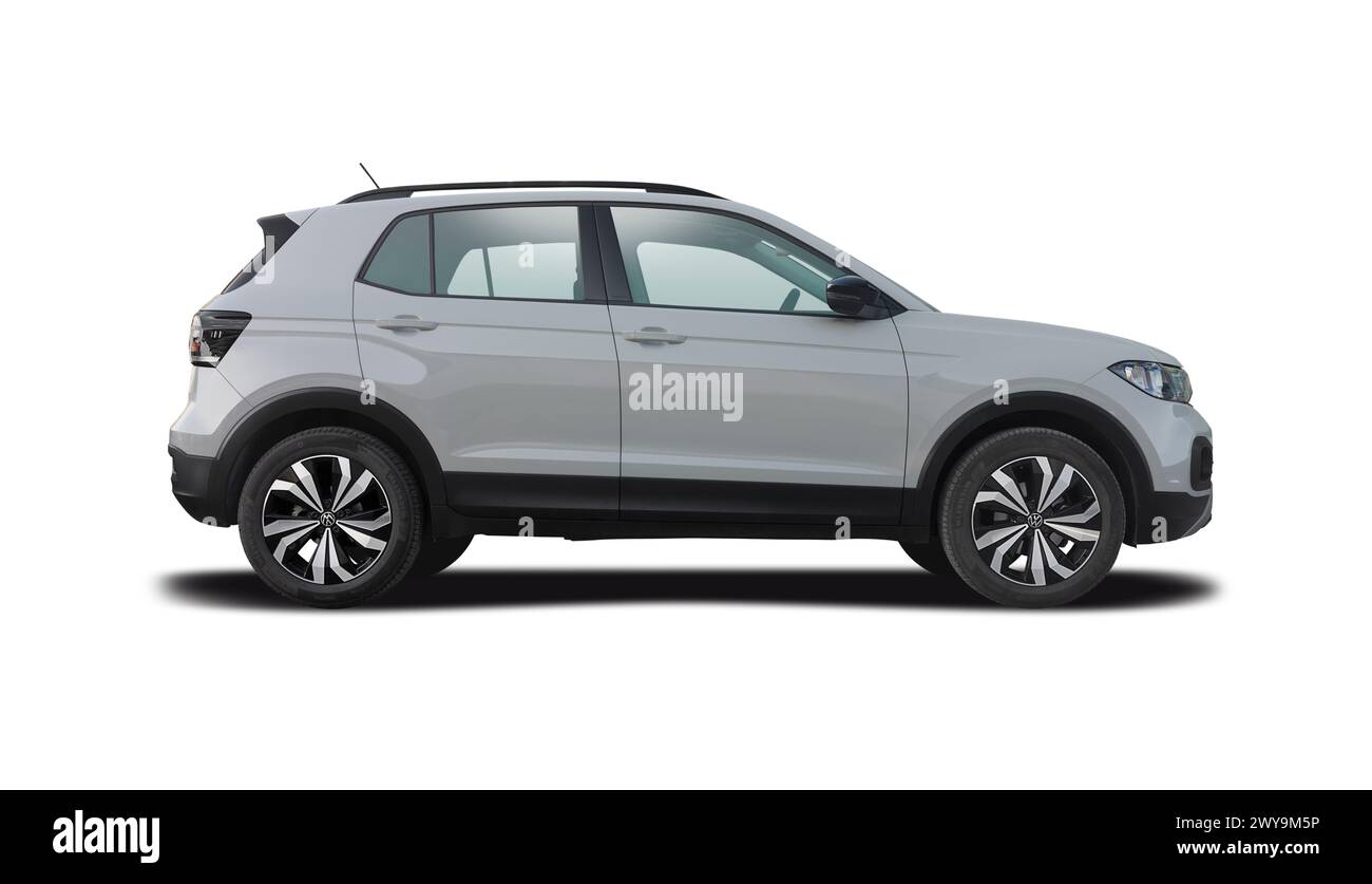 VW T-Cross SUV car side view isolated on white background Stock Photo ...